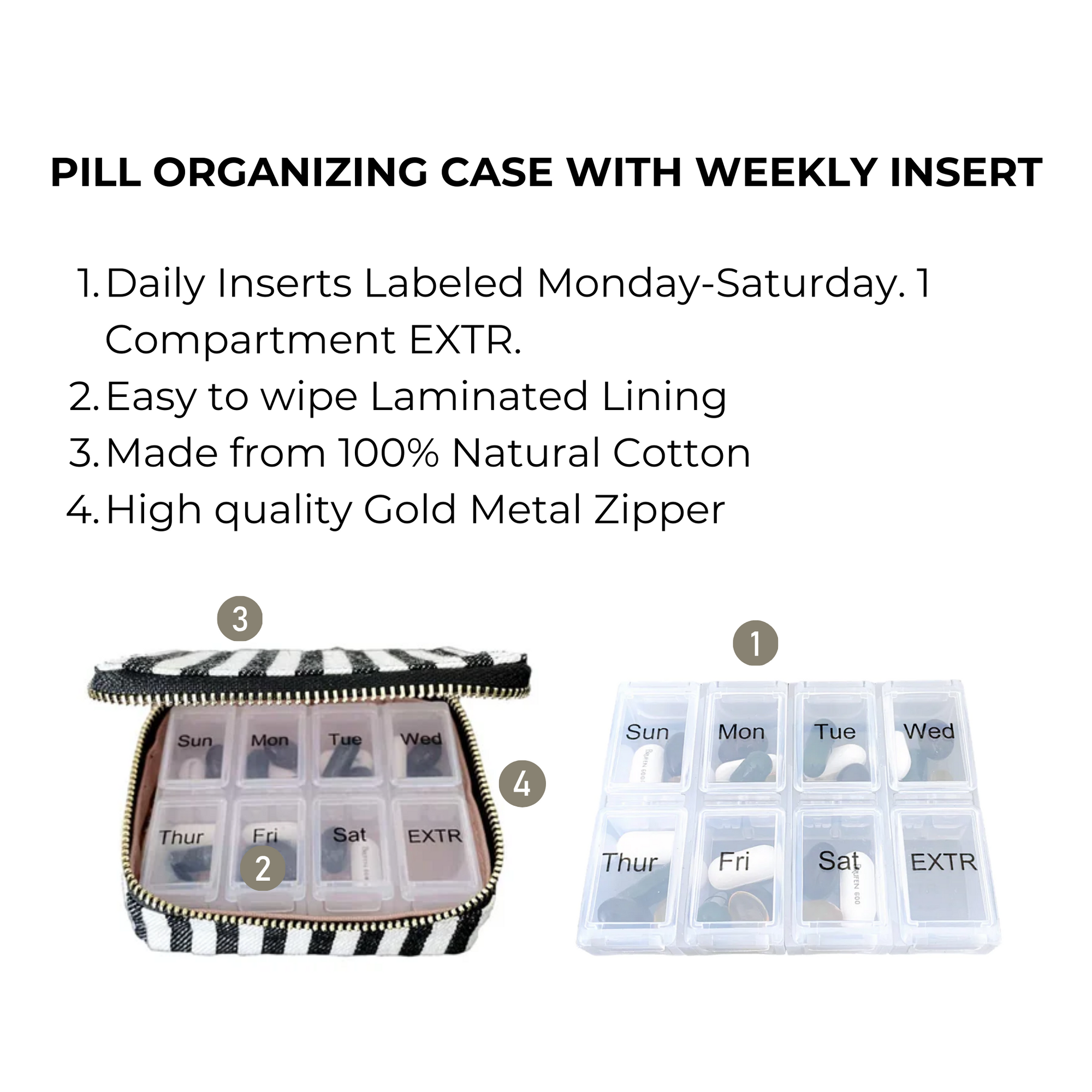 Pill Organizing Case with Weekly Pill Organizer, Striped | Bag-all